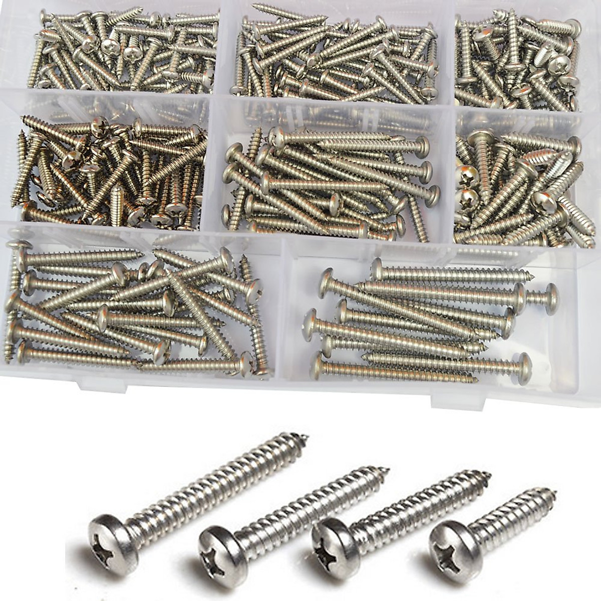 M3 M4 M5 Pan Head Self Tapping Screw Phillips Cross Recessed Threaded Round Head Metal Wood Screw Bolt Fastener Hardware Assortment Kit Set 275pcs 304 Stainless Steel #6#8#10#12