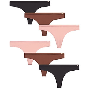 Jessica Simpson Women's Thong Panties - 6 Pack Seamless Lace Microfiber Underwear for Women, Size Small, Brunette/Mellow Rose/Jet Black