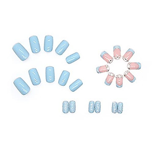 24 Pcs Square Press on Nails Short Fake Nails Blue Glittering Sequins with Rhinestones Exquisite Design Glossy Glue on Nails Full Cover French Tip False Nails Acrylic Nails for Women Girls Daily Wear