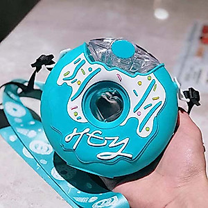 JHTPSLR Kawaii Donut Water Bottle with Straw for Kids Girls Cute Portable Doughnut Kettle with Strap BPA Free Leak Proof Water Cup for School Travel Sports Outdoor Recreation (Blue)