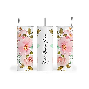 Personalized Flowered Skinny Tumbler 20Oz, Stainless Steel with lid, Straw, Brush and Non-Slip Base. Keep Drinks Hot or Cold. Use like Water Bottle, Coffee Mug, Travel Mug, Wine Cup. (Light Pink)