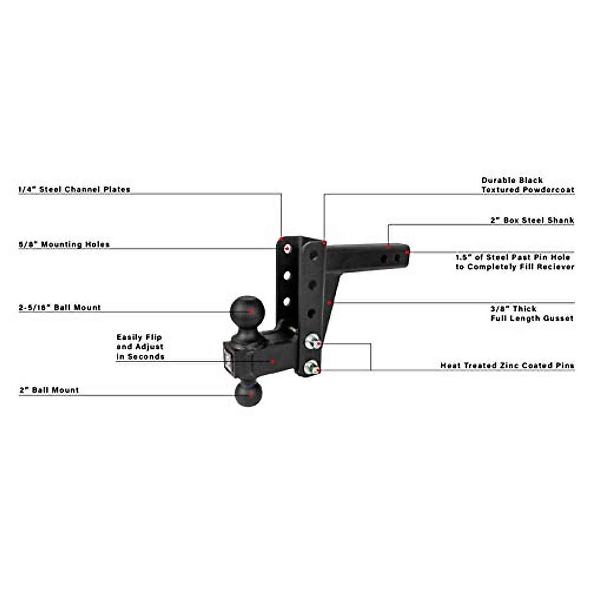 Bulletproof Hitches™ 2.0" Adjustable Medium Duty (14,000lb Rating) 4" Drop/Rise Trailer Hitch with 2" and 2 5/16" Dual Ball (Black Textured Powder Coat)