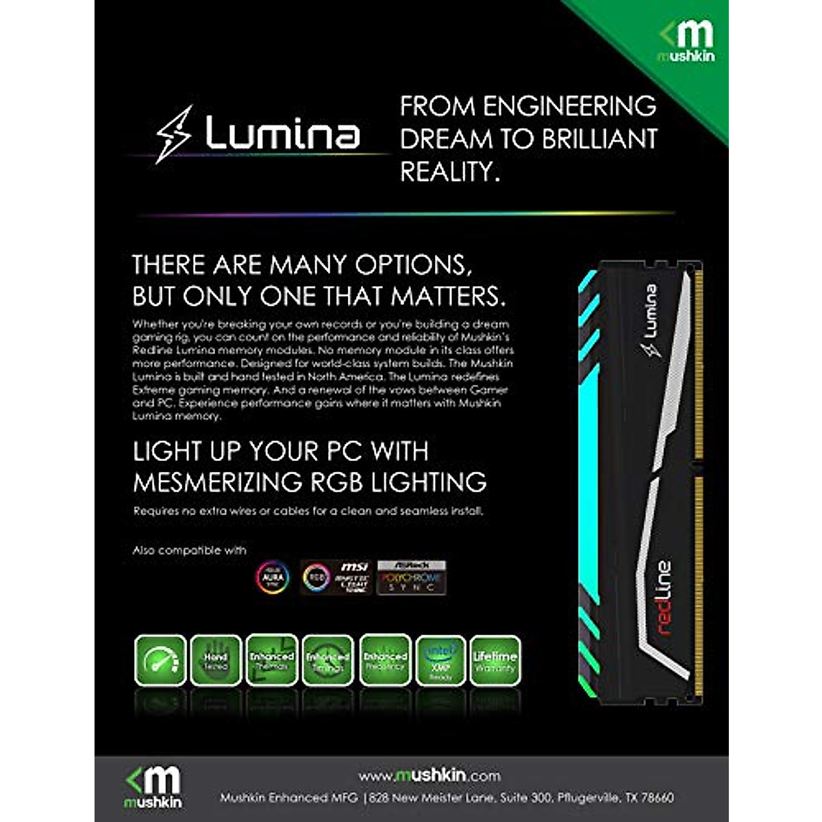 Mushkin Redline Lumina – DDR4 RGB Gaming DRAM – 32GB (2x16GB) UDIMM Memory Kit – 3600MHz (PC4-28800) *CL-16* – 288-pin 1.4V Desktop RAM – XMP Ready – LED Heatsink – (MLA4C360GKKP16GX2)