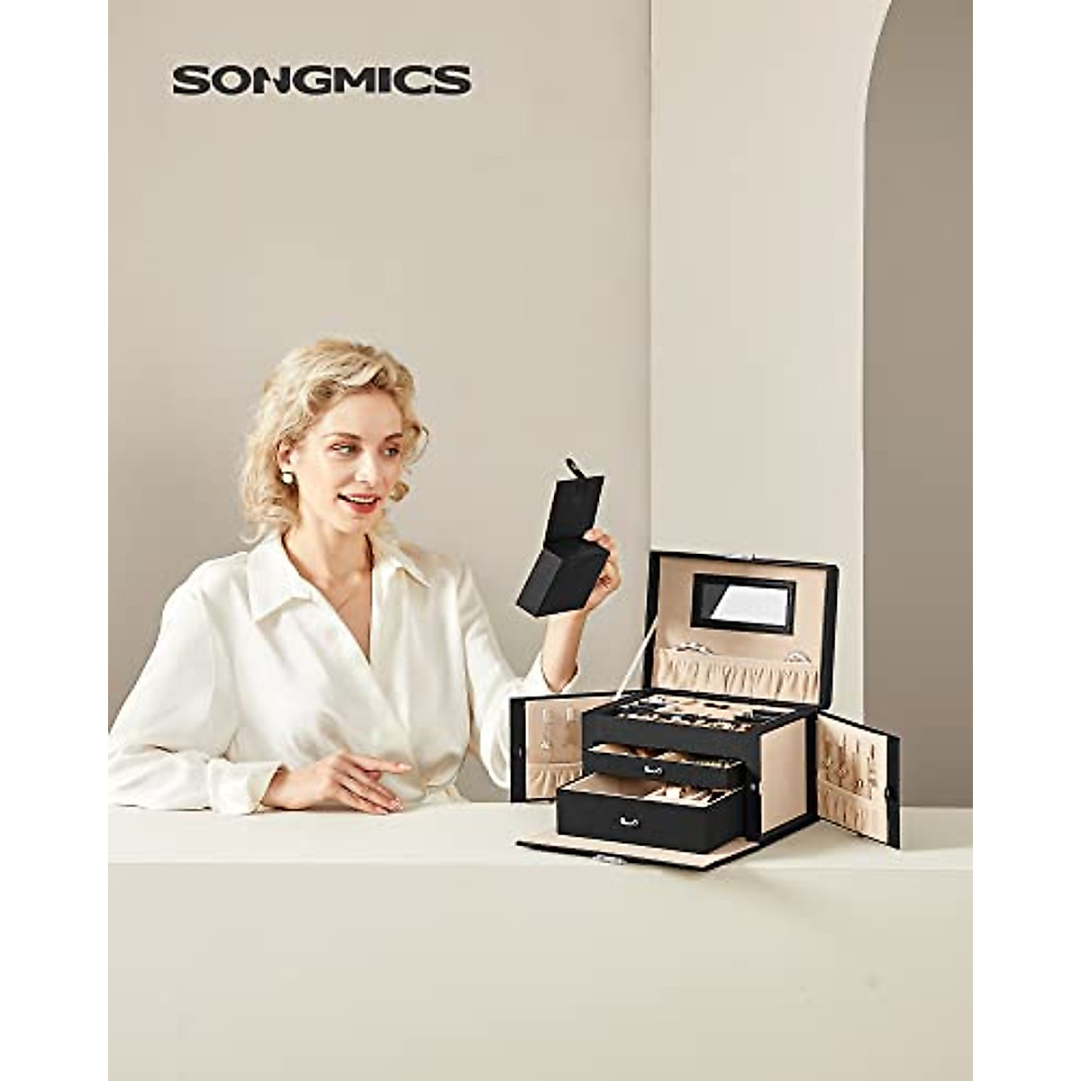 SONGMICS Jewelry Box 3 Layers, Jewelry Organizer with 2 Drawers, Jewelry Case with Portable Travel Case, with Handle, Lockable, Jewelry Storage, Gift for Loved ones, Black UJBC121B