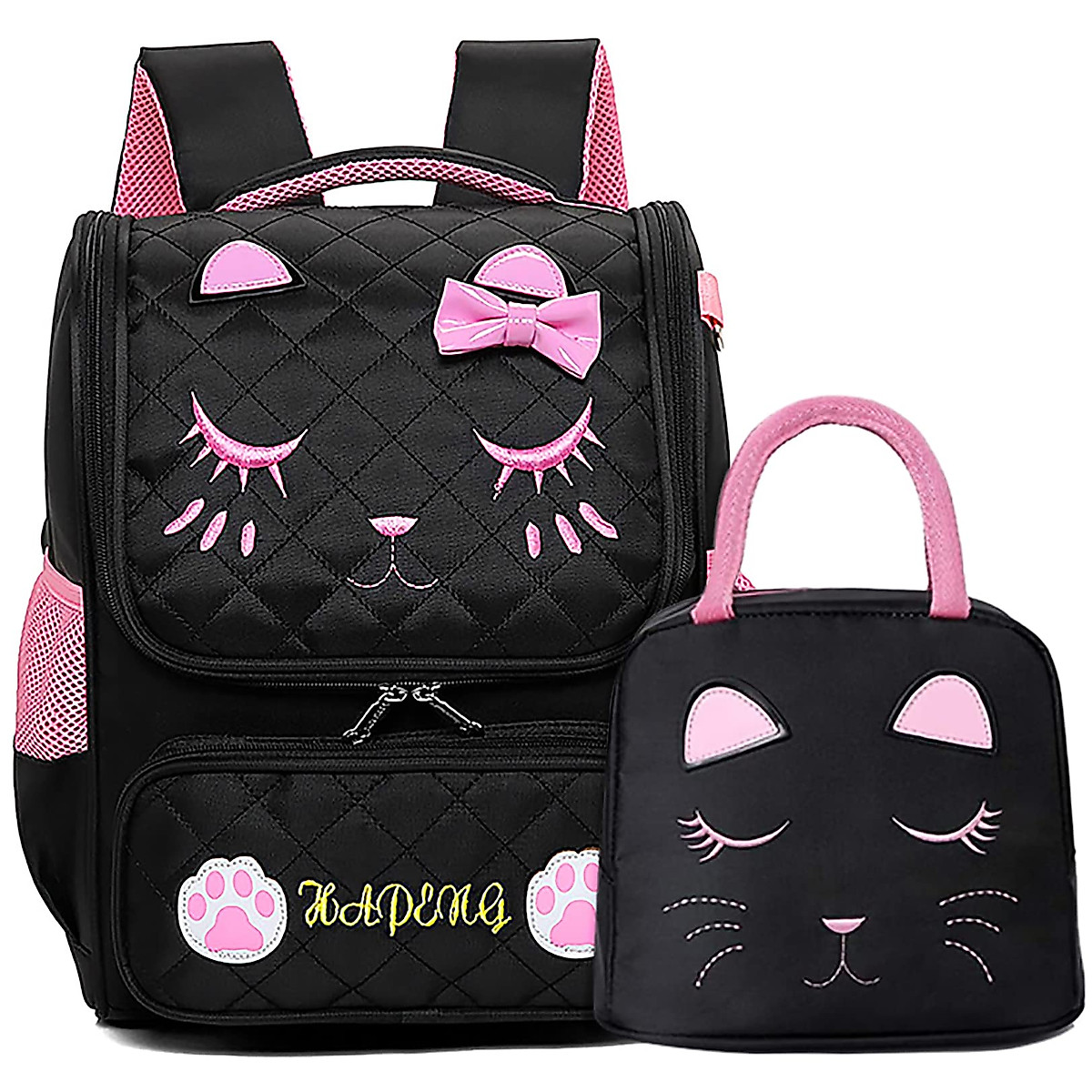 Junlion Girls Bow-knot Backpack Set Elementary School Bag with Lunch Bag Cute Daypack Gift for Princess Girls Preschool Black