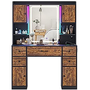 Tiptiper Makeup Vanity with Lights & Charging Station, Vanity Table with Time Display Mirror, Ambient Light, Storage Cabinets, Rustic Brown and Black