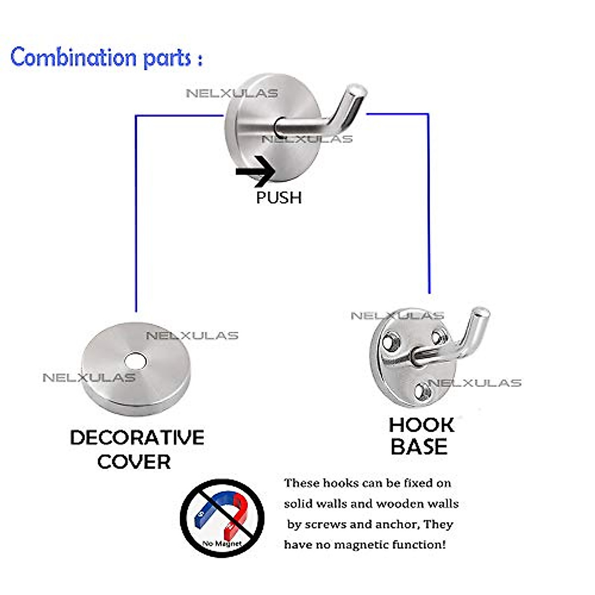 NELXULAS Brushed Stainless Steel Single Heavy Duty Short Nose Screws Wall Mount Hook,Fit for Kitchen,Bedroom,Living Room, Bathroom,Closets and Garage Storage,No Magnetic Mount Function(2", 4 PCS)