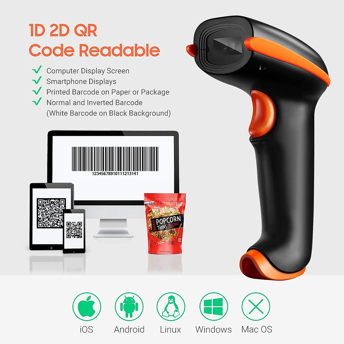 Tera 1D 2D QR Barcode Scanner with Adjustable Folding Stand and Charging Cradle, Wall Mountable 2.4G Wireless & USB 2.0 Wired QR Bar Code Reader with Vibration Alert Model D5100-Fold