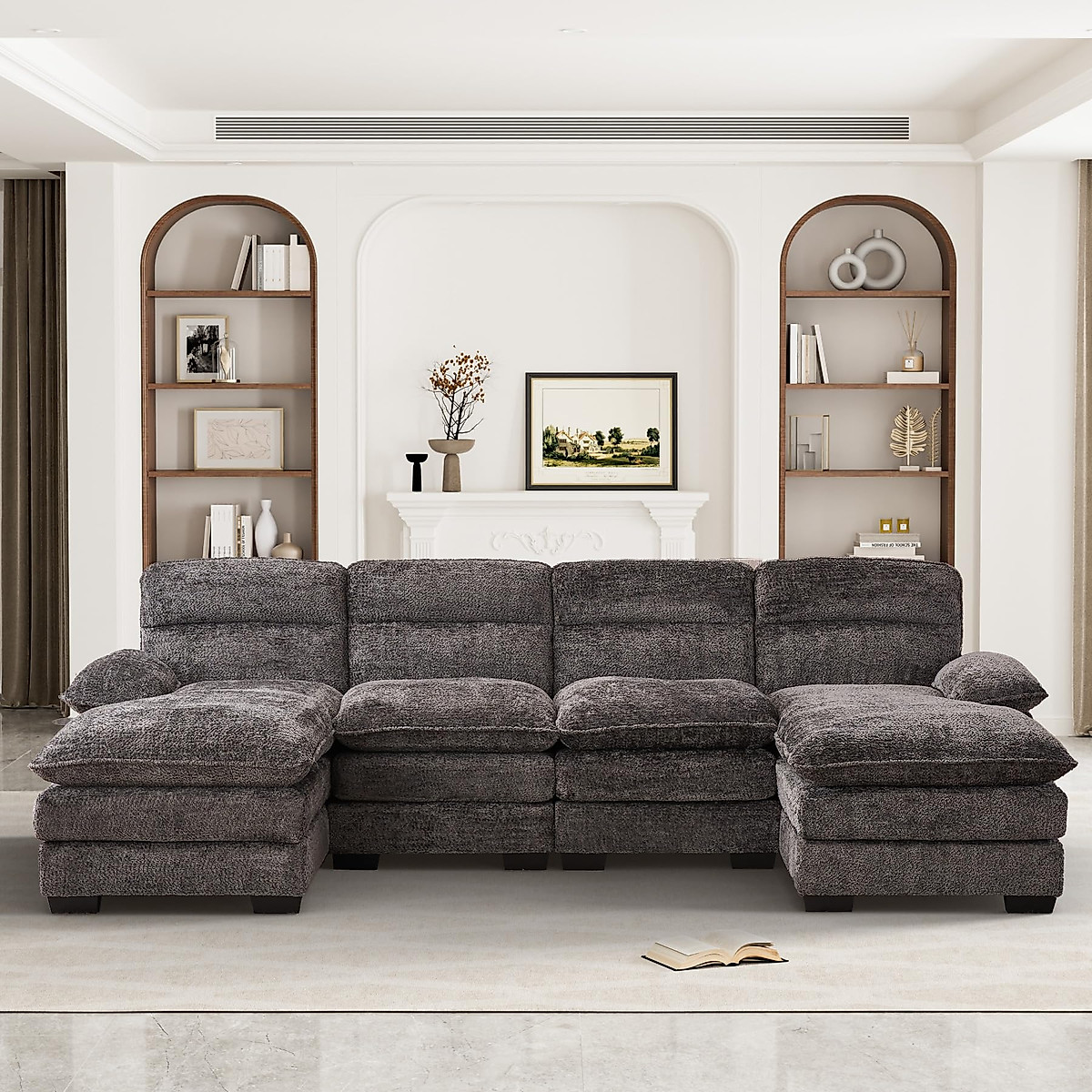 OUYESSIR U Shape Sectional Sofa Comfy Cloud Couch for Living Room, Modern Chenille Upholstery Sofa Sleeper Deep Couches with Double Chaise (Grey)