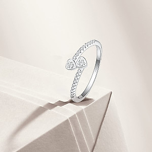 JIARUI 925 Sterling Silver Double Heart Eternity Ring Bezel Setting Round Cubic Zirconia Wedding Ring Promise Ring for Her Size 8