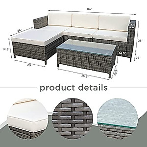 SUNVIVI OUTDOOR Patio Furniture, 5 Piece All Weather Grey PE Wicker Patio Sectional Furniture Conversation Sofa Set with Coffee Table, Removable Cushions