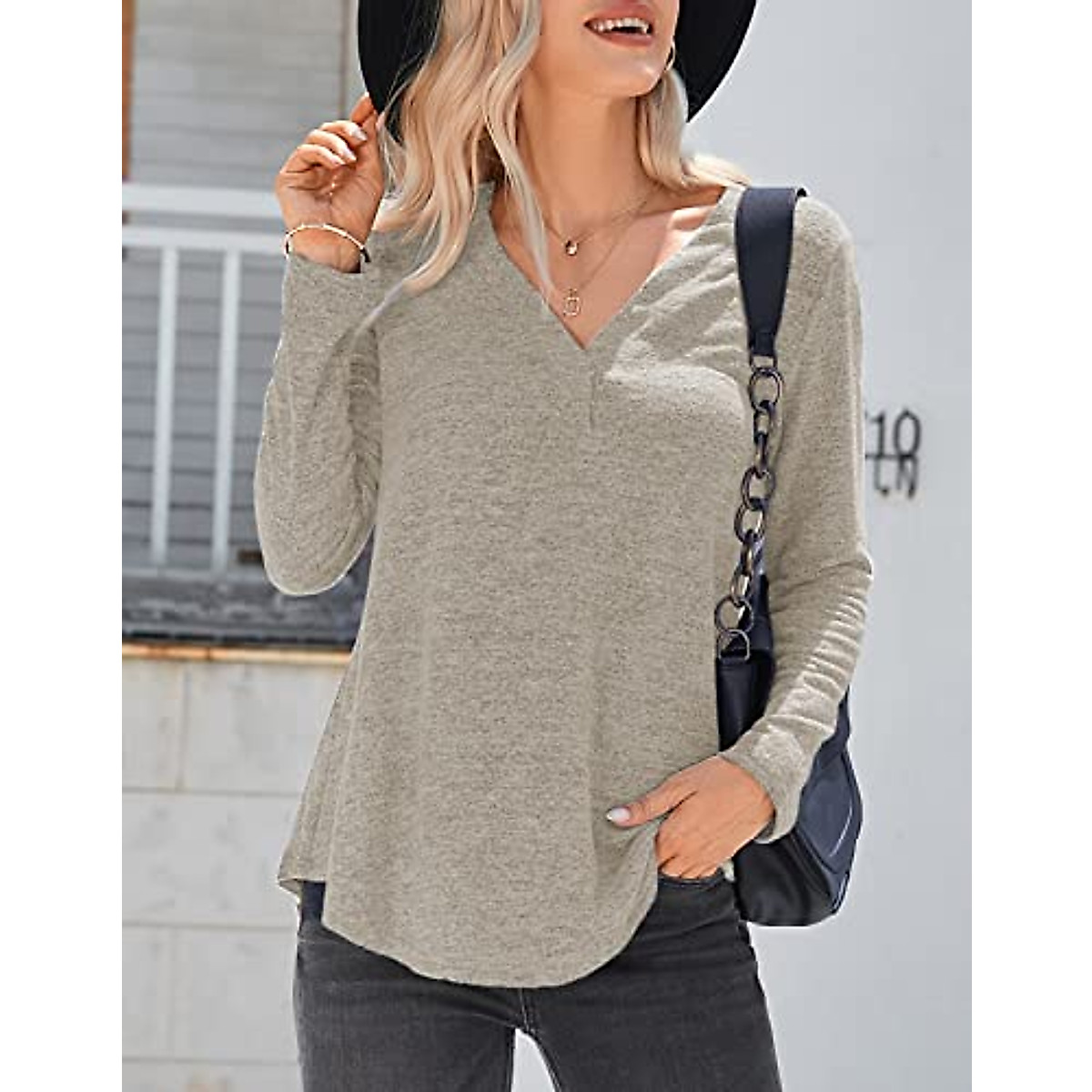 iGENJUN Long Sleeve V Neck Tunic Sweatshirts for Women T Shirts Solid Classic Loose Fit Tops 2023 Fall Fashion Trendy Outfits,Khaki,XL