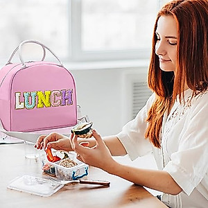 Lunch Box for Women, Large Insulated Lunch Box for Girls, Personalized Preppy Lunch Box for Adults with Adjustable Shoulder Straps,lunch Bag Women with Chenille Letters for Kids（Pink-lunch)