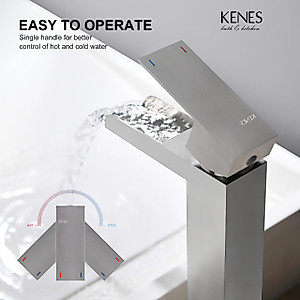 KENES Tall Bathroom Vessel Sink Faucet, Brushed Nickel Tall Waterfall Bathroom Faucet, Single Handle Waterfall Bathroom Faucet Lavatory Vanity Faucet with Pop Up Drain & Water Supply Hoses LJ-9035A
