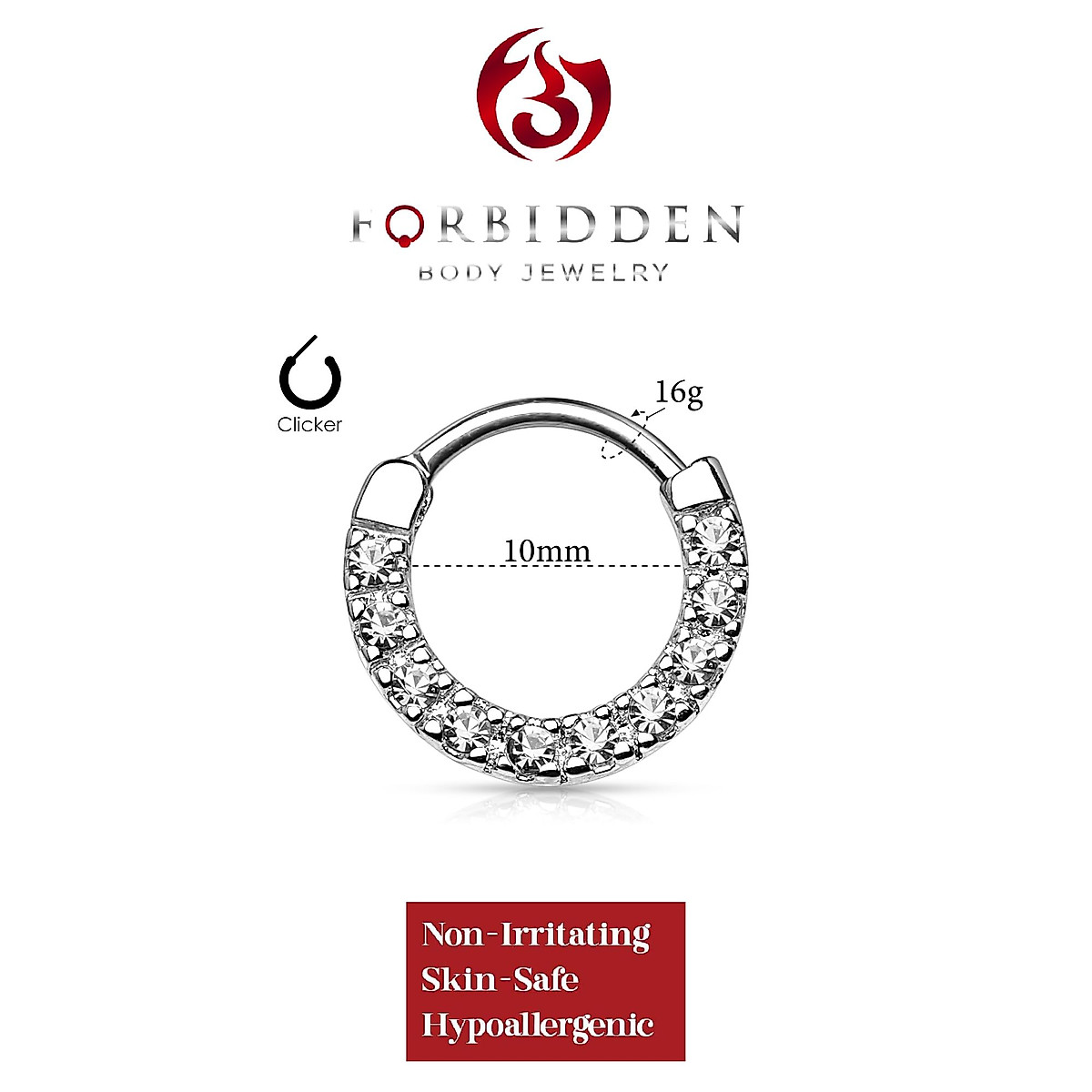 Forbidden Body Jewelry 16g 10mm Rounded Top Pave Clear CZ Tiny Clicker Hoop for Septum and Cartilage Piercings