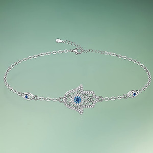 Hamsa Hand Evil Eye Bracelet for Women Sterling Silver Dainty Cute Crystal Round Blue Evil Eye Fatima Bracelets