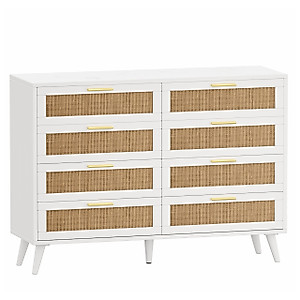 Rovaurx 8 Drawer Double Dresser for Bedroom, Rattan Chest of Dressers, Modern Wooden Dresser Chest with Golden Handles, Beside Table for Closet, Living Room and Entryway, White and Natural