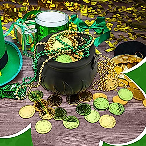 231 Pieces St. Patrick's Day Cauldron Set, Includes Black Leprechaun Cauldron with Handle 200 Shamrock Plastic Coins 30 Green and Gold Beaded Necklaces for St. Patrick's Day Party Decoration Supplies