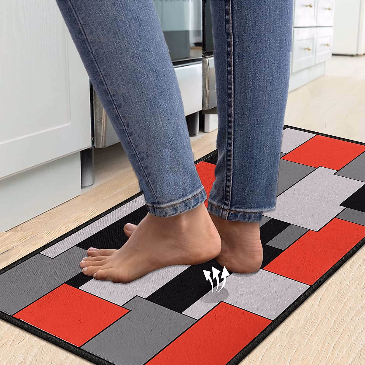 Kitchen Rugs Set of 2- Red, Black, and Grey Modern Geometric Non-Slip Washable Floor Mats - Comfort Sink and Laundry Room Runner - Contemporary Abstract Art Design Decor 17x47.2 and 17x30 inches