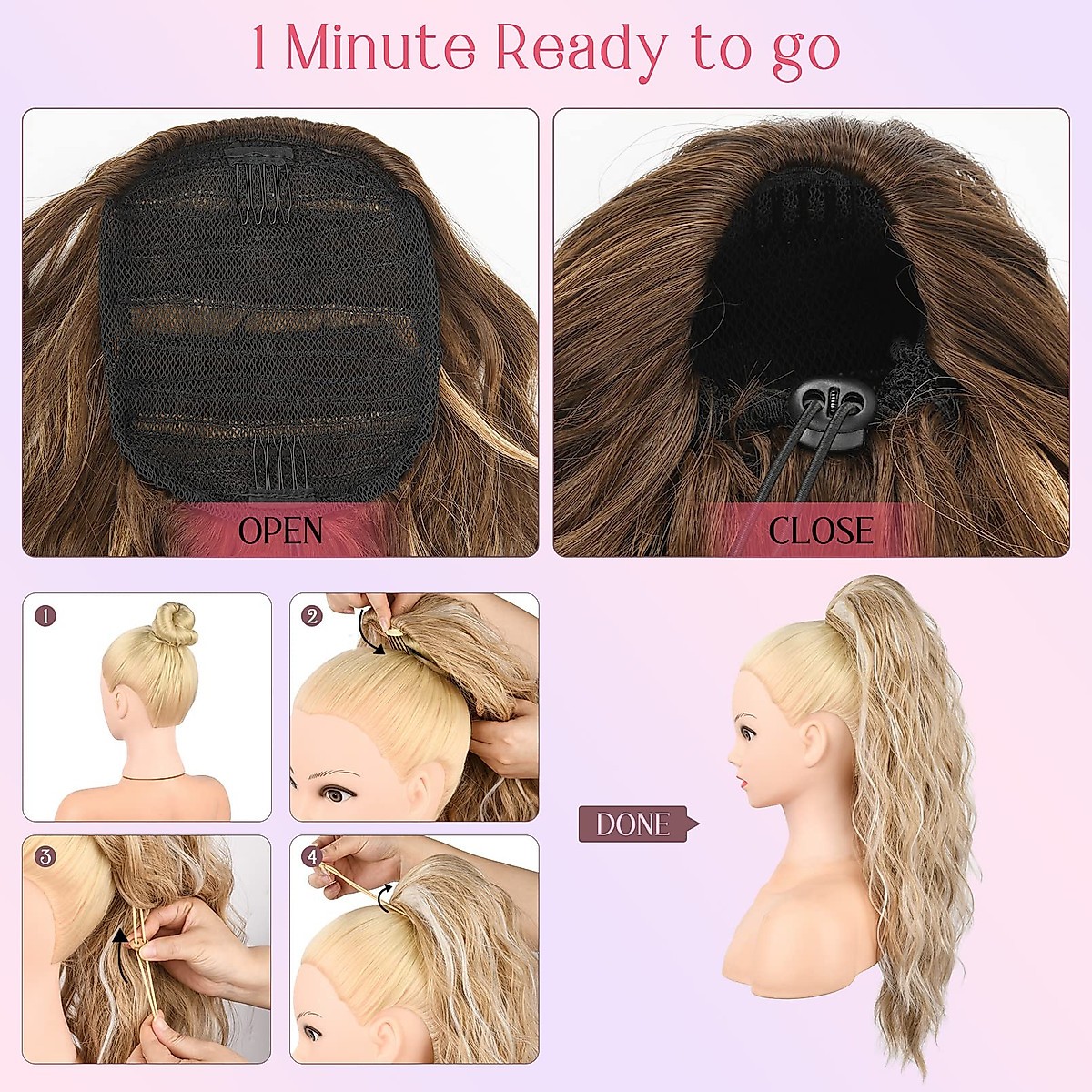 HOOJIH Ponytail Extension, Drawstring Ponytail Hair Extensions 26 Inch Long Curly Wavy Ponytail Natural Wavy Synthetic Hairpiece for Women Daily Use - Black Brown with highlights