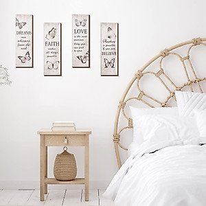 Qunclay 4 Pcs Butterfly Inspirational Quote Wooden Sign Love Faith Believe Dream Wall Decor Wood Flower Room Rustic Encouragement Signs for Home Decor Wall Bathroom(11 x 4 Inch)
