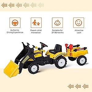 Aosom Kids Ride-On Excavator, Pedal car Bulldozer Move Forward/Back with Real Working Dirt Bucket, 6 Wheels, & Cargo Trailer