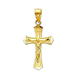 The World Jewelry Center 14k REAL Yellow Gold Jesus Cross Religious Pendant with 1.2mm Singapore Chain Necklace - 18"