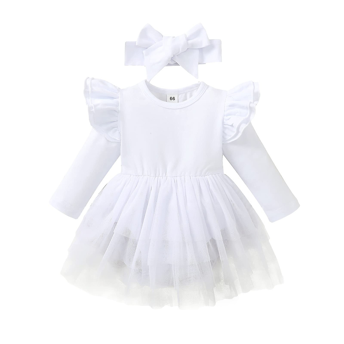 Baby Girl Clothes Infant Ruffle Sleeve Romper Dress Newborn Solid Tutu Skirt Sets Jumpsuit Headband Outfit (032B-White, 9-12 Months)