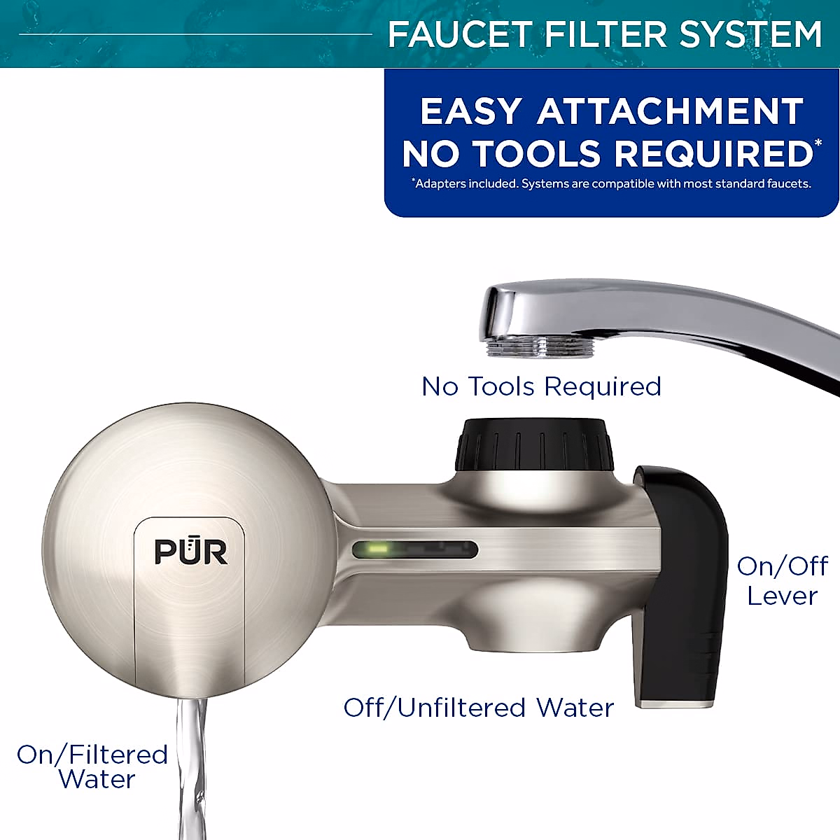 PUR PLUS Horizontal Faucet Mount Water Filtration System, 3-in-1 Lead Reducing Filter for Great-Tasting Filtered Tap Water, Lasts 100 Gallons, Fits Most Kitchen or Bathroom Faucets, Stainless Steel