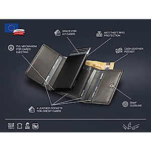 PULARYS Mini Wallet BOSTON - Multifunckion Credit Card Case - Italian Leather - RFID blocking - Size: 7.5 x 9.5 x 2.5 cm - Space for up to 10 Cards - Snap Fastener - Classic Design