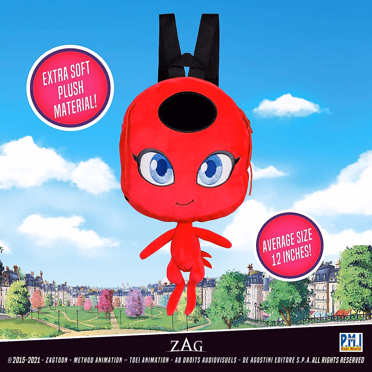 P.M.I. Miraculous Ladybug Plush School Backpack| One of Two 12-Inch-Tall Collectibles | Miraculous Ladybug Toys and Playable Plush Backpacks | Tikki| Miraculous Ladybug Kids’ Toys | Licensed Plush