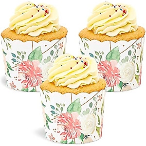 50 Pack Floral Cupcake Wrappers for Wedding, Watercolor Flower Paper Baking Cups and Muffin Liners for Tea Party (2.25 x 2.75 In)