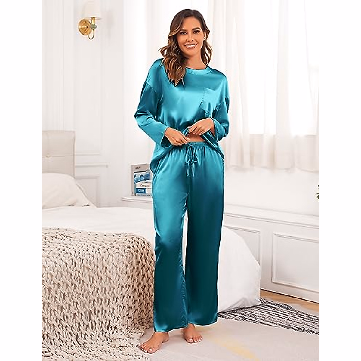 Bloggerlove Silk Pajamas for Women Long Sleeve Satin Loungewear Two-Piece Sleepwear Pullover Pj Set Outfit Green