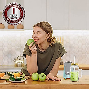 Ovente Electric Personal Portable Blender, 18 Ounce Drink Mixer, Frozen Margarita, Shake & Smoothie Maker, Glass Jar with Stainless Steel Blades and 300-Watt Base, Compact BPA-Free, Turquoise BLH1002T