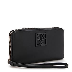 A|X Armani Exchange Women's Logo Zip Around Wallet Wristlet Wrislet Bag, Black, One Size
