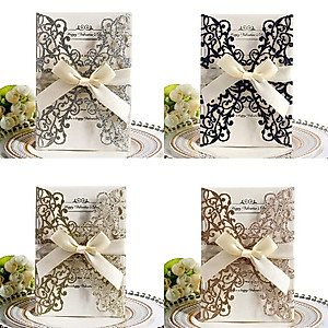 Wedding Invitation Cards,10PCS Hollow Floral Design Invites Card with Ribbon Best for Bridal Showers, Engagement Parties, Includes 10x [Covers + Blank Card +Ribbon] (Glitter Silver)