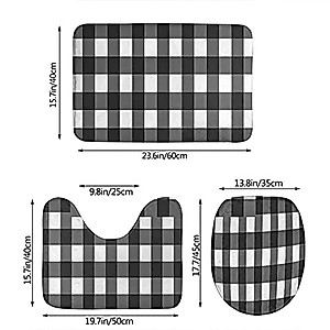 WONDERTIFY Gingham Checkered Bathroom Antiskid Pad Square Buffalo Check Plaid 3 Pieces Bathroom Rugs Set, Bath Mat+Contour+Toilet Lid Cover Black White