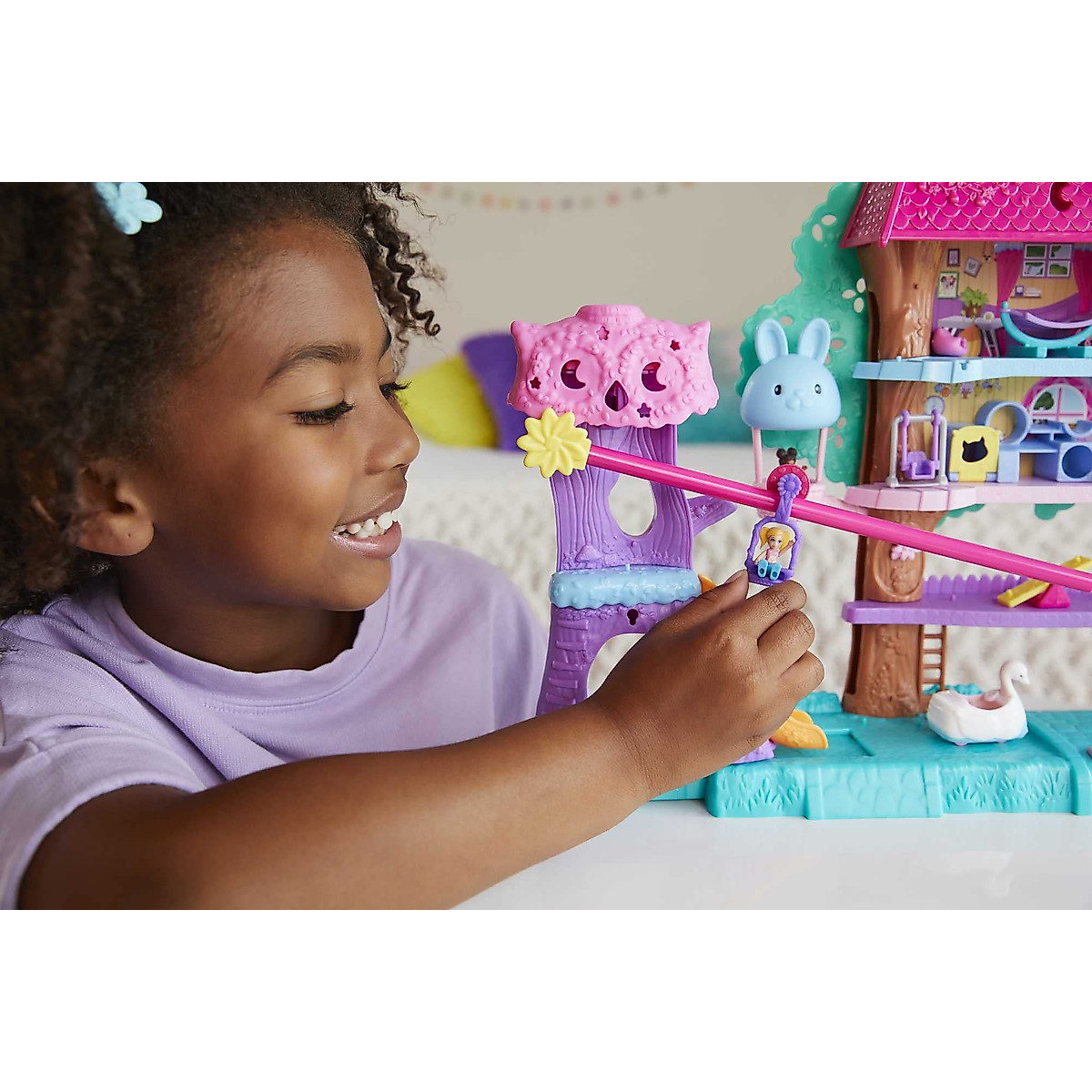 Polly Pocket Doll House with 2 Micro Dolls, Toy Car & 15+ Accessories, Pet Adventure Treehouse Playset