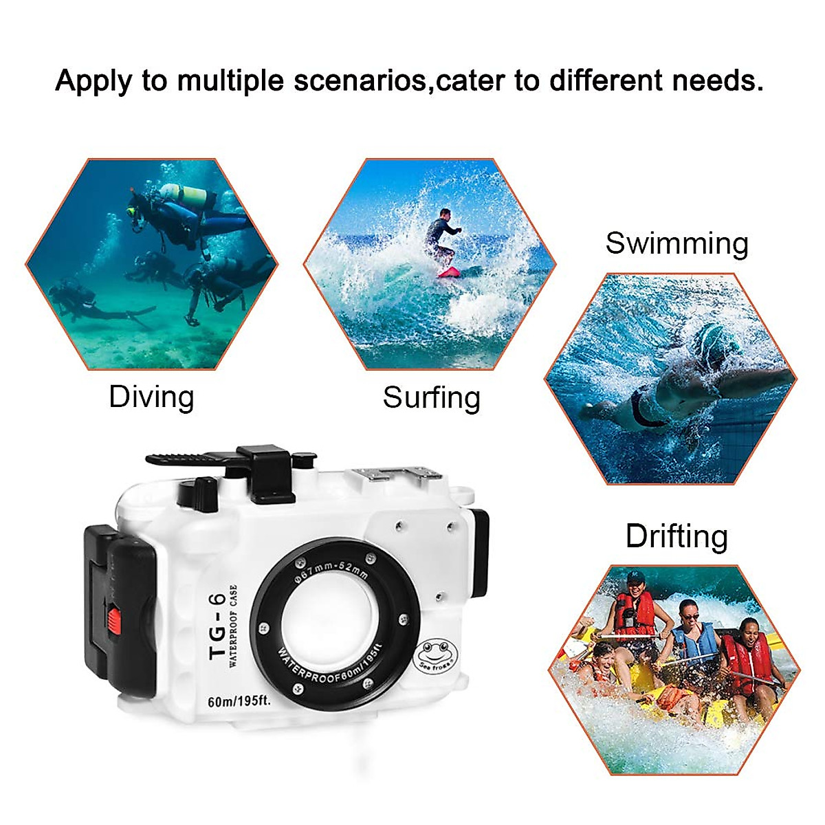 Seafrog WPC-TG6 Waterproof housing case Underwater Diving 195FT/60M Works for Olympus TG-6 Cameras White(Housing + Red Filter)