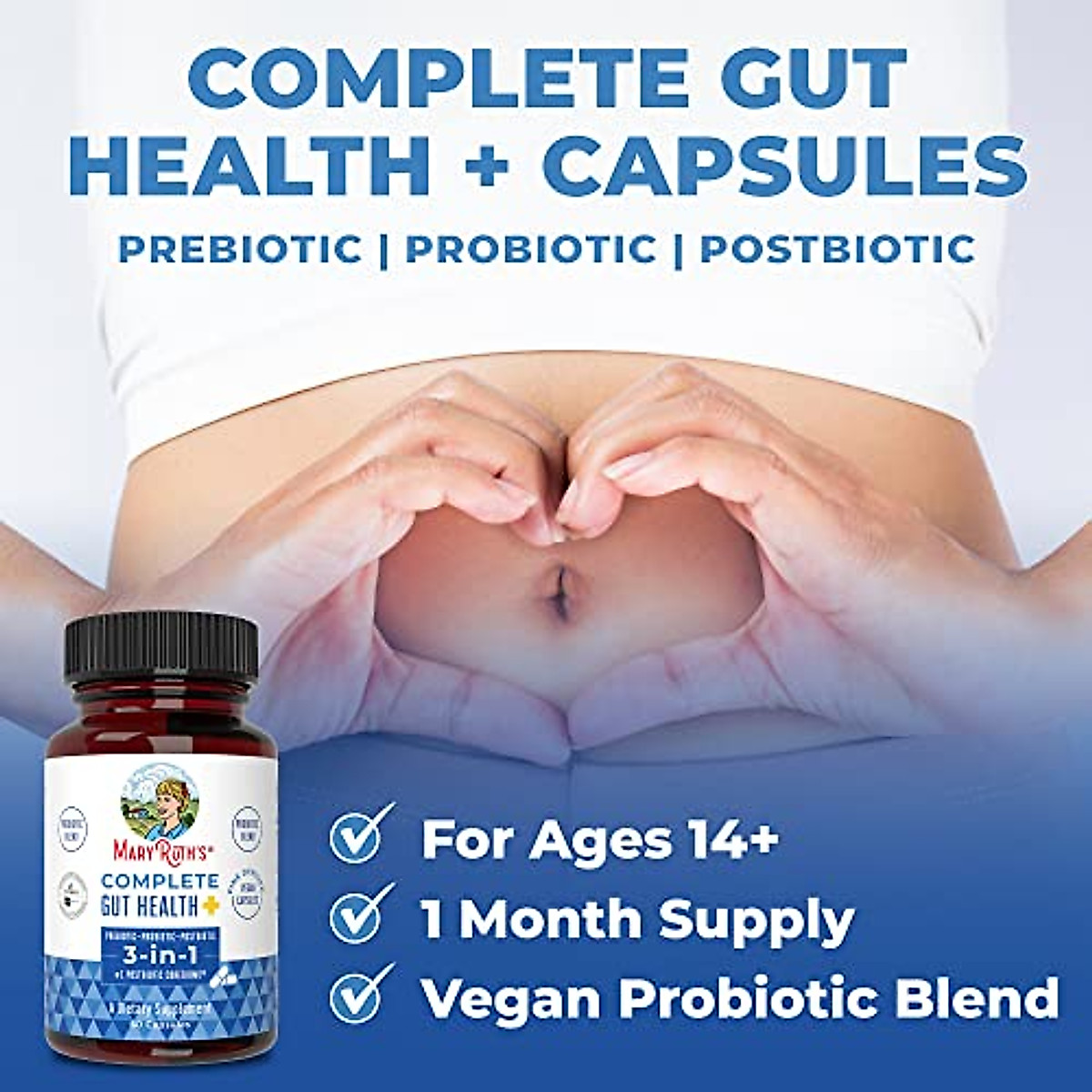MaryRuth's Complete Gut Health+ | 3-in-1 Prebiotic + Probiotic + Postbiotic Corebiome® Vegan Gastrointestinal Support | Support Gut Health & Immune Function | 2 capsules per serving; 30 servings