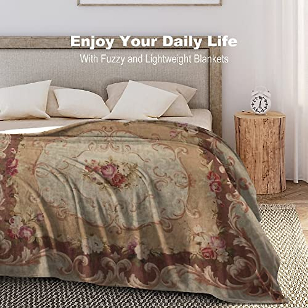 Antique Rose Floral French Aubusson Rug Flannel Fleece Throw Blankets 50"X40" Lightweight Fluffy Winter Fall Blanket Cozy Soft Fuzzy Plush Home Decor for Couch Bed Sofa Bedroom Living Room Travel