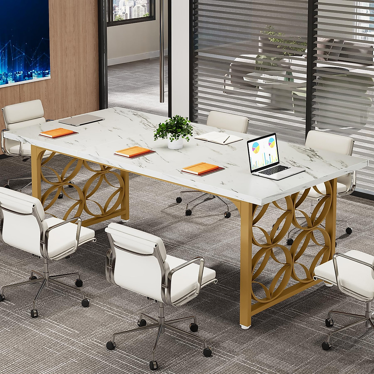 Tribesigns Conference Table for 4-6 People, 62.99" L x 31.49" W Rectangular Meeting Room Table, Seminar Table Boardroom Desk with Sturdy Metal Frame for Office (White/Gold)