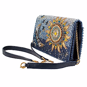 Mary Frances Solar System Beaded Sun and Moon Crossbody Clutch Handbag, Blue