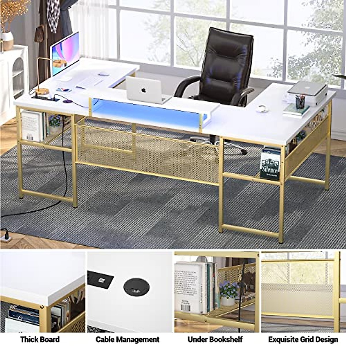 Unikito U Shaped Desk with LED Strip and Power Outlet, Reversible Large Corner Computer Desk with Monitor Stand and Storage Shelf, 83 Inch U Shape Office Desks, 2 Person L Shaped Gaming Table, White