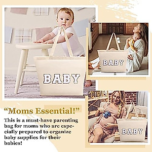 Chenille Letter Canvas Tote Baby Bag for Mom, Large Preppy Patch Shoulder Handbag with Zipper Handle, Cute Makeup Bag Portable Diaper Tote Hospital Bags Essentials for Labor and Delivery Gift(BABY)