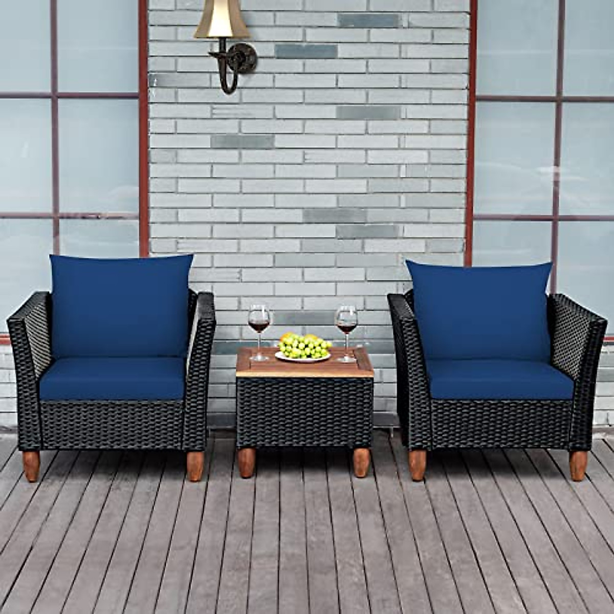 Tangkula 3 Piece Patio Furniture Set, Patiojoy Outdoor Wicker Rattan Bistro Sofa Set w/Washable Cushion, Acacia Wood Top Coffee Table, Conversation Set for Balcony Backyard Porch (Blue)
