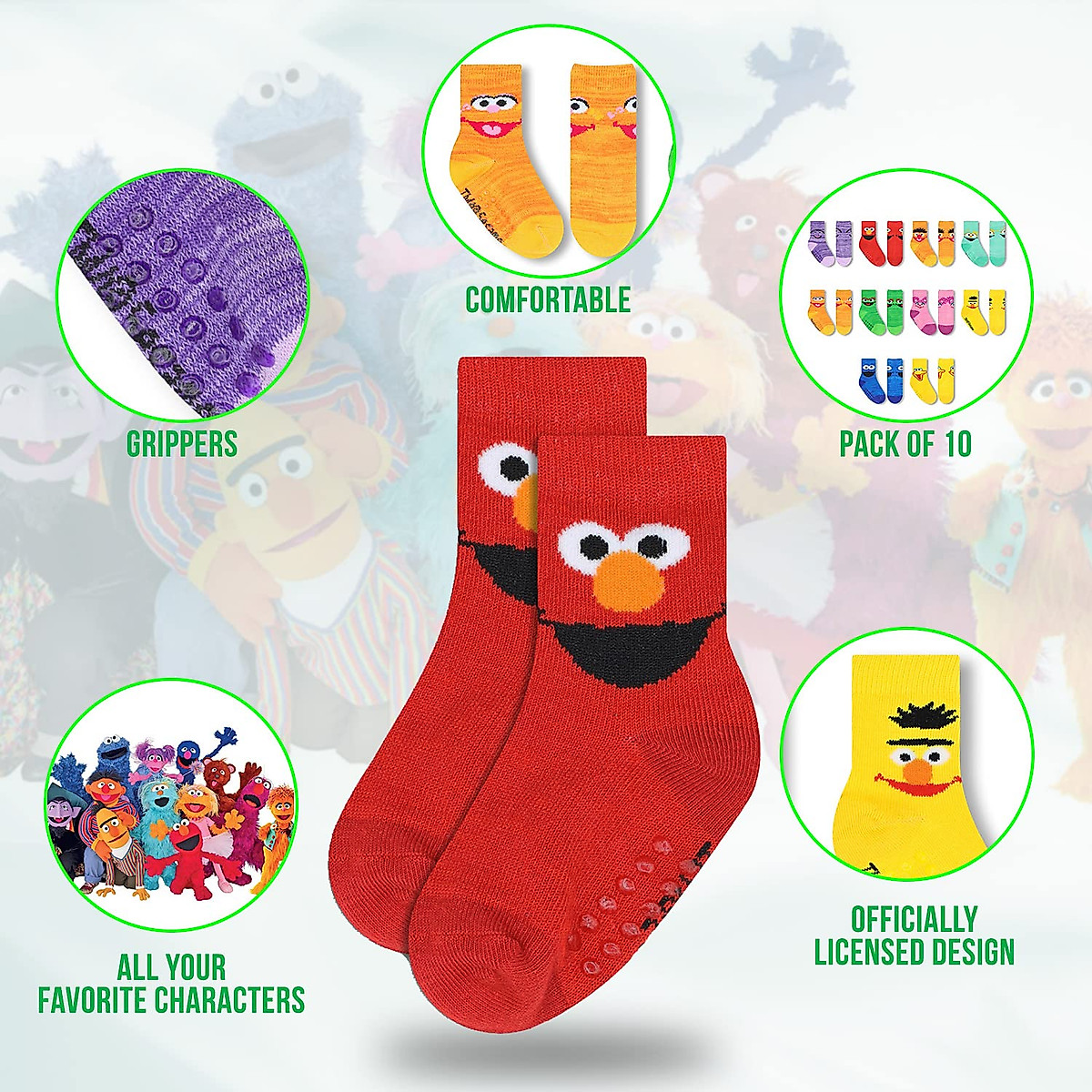 Sesame Street Toddler Socks with Grippers, Non Slip Socks for Kids