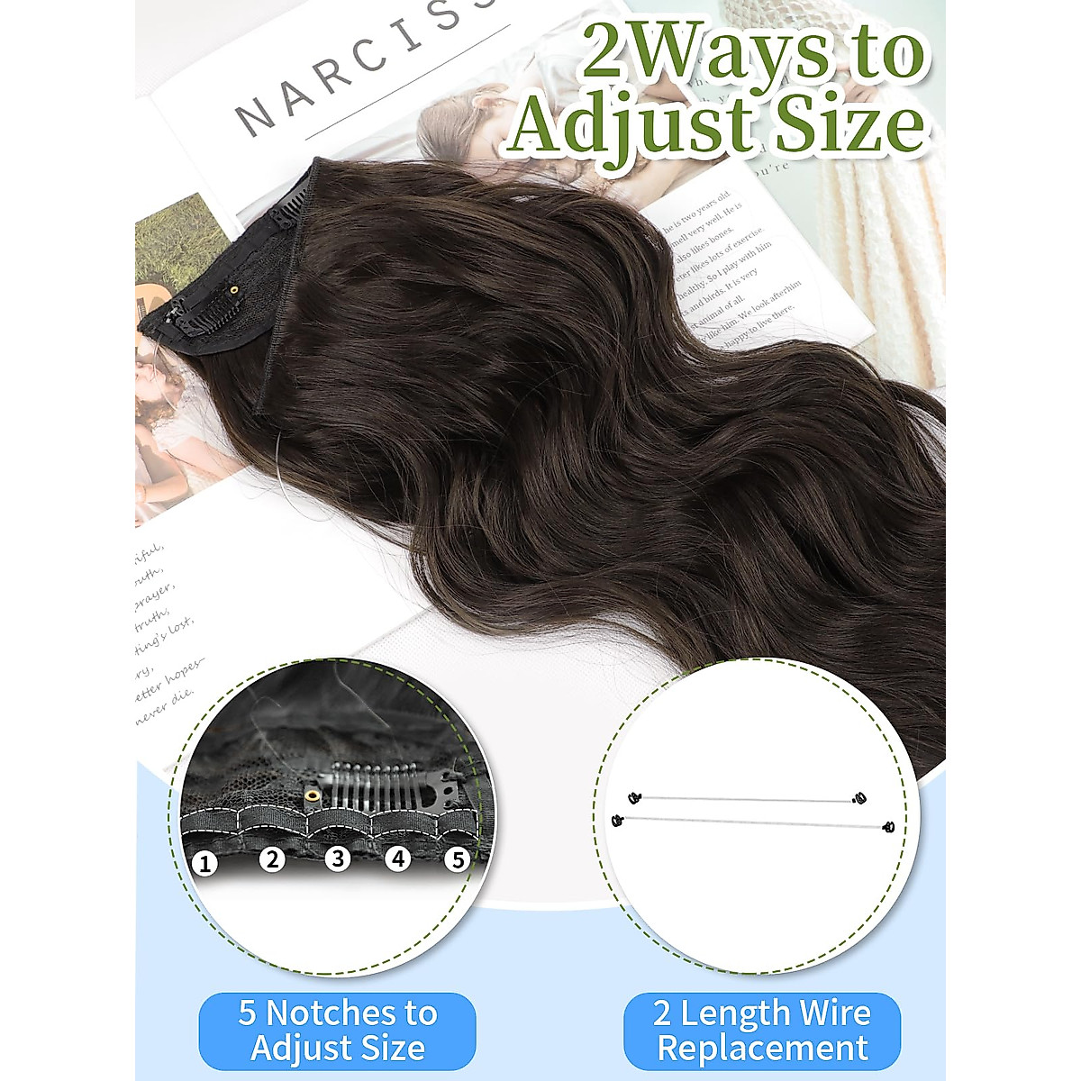 KooKaStyle Invisible Wire Hair Extensions with Transparent Wire Adjustable Size 4 Secure Clips Long Wavy Secret Hairpiece 20 Inch Dark Brown for Women