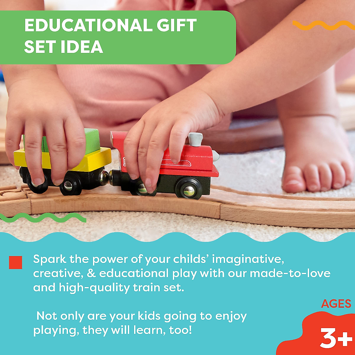 Wooden Train Set with Play Mat for Kids - Includes Deluxe Wood Tracks, Train Cars, Boats, Accessories for Boys and Girls by Hey! Play!