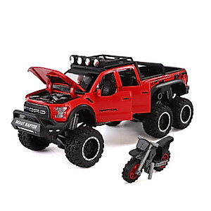 MYJJTYS Toy Pickup F150 six-Wheel (Length 8.6 inch) Metal die-cast Model car Sound and Light with Motorcycle Toy car 3 4 5 6 7 8 9 10 11 12 Year Old boy Toy (Red)